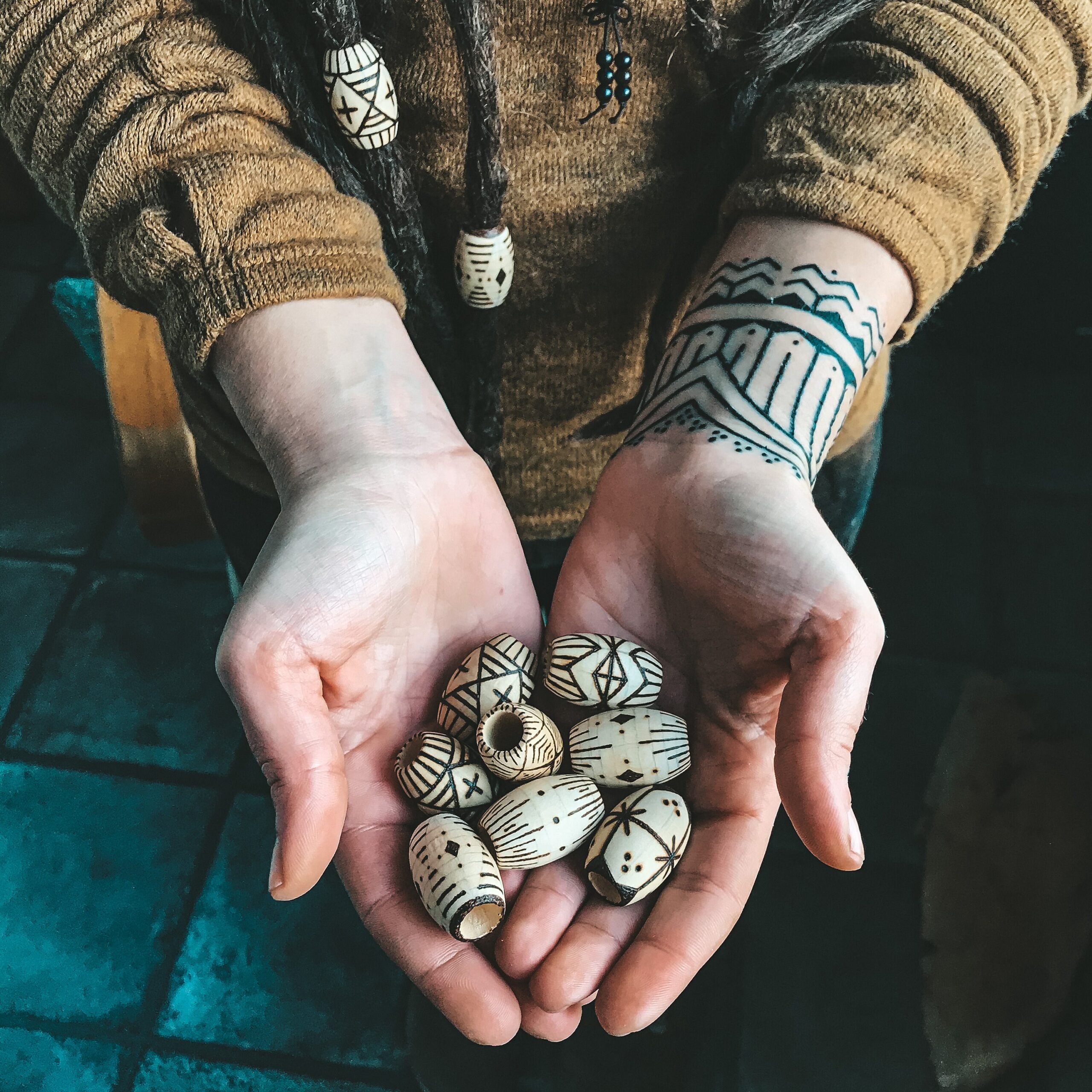 Wooden Tribal Dreadlock Beads Pyrography Design Handmade Big Hole 9mm ...