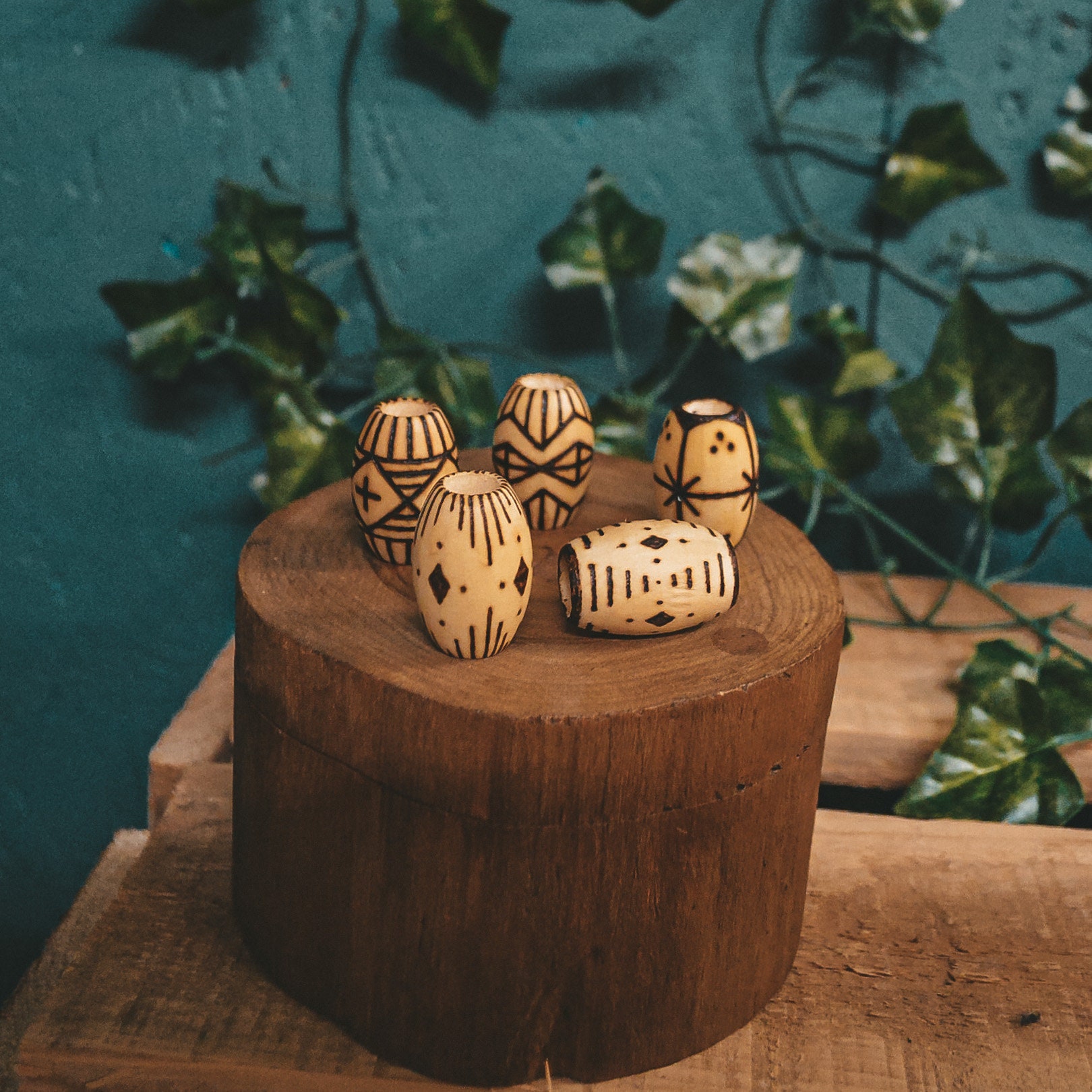 Wooden Tribal Dreadlock Beads Pyrography Design Handmade Big Hole 9mm ...