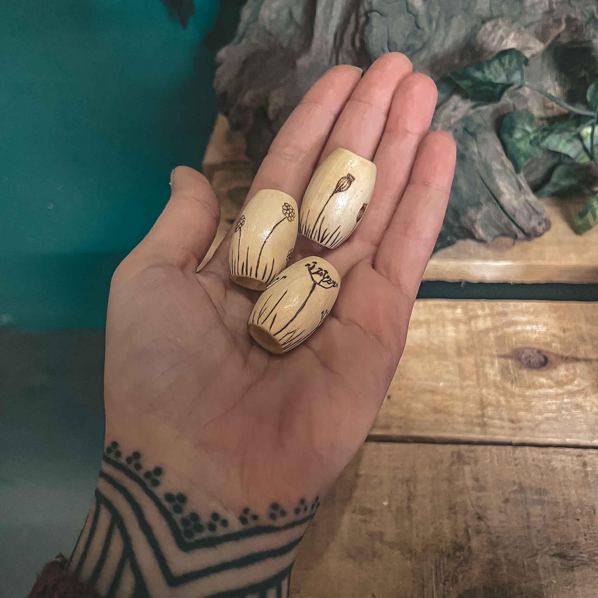 Handcrafted Botanical Wooden Dreadlock Beads – Nature-Inspired Designs